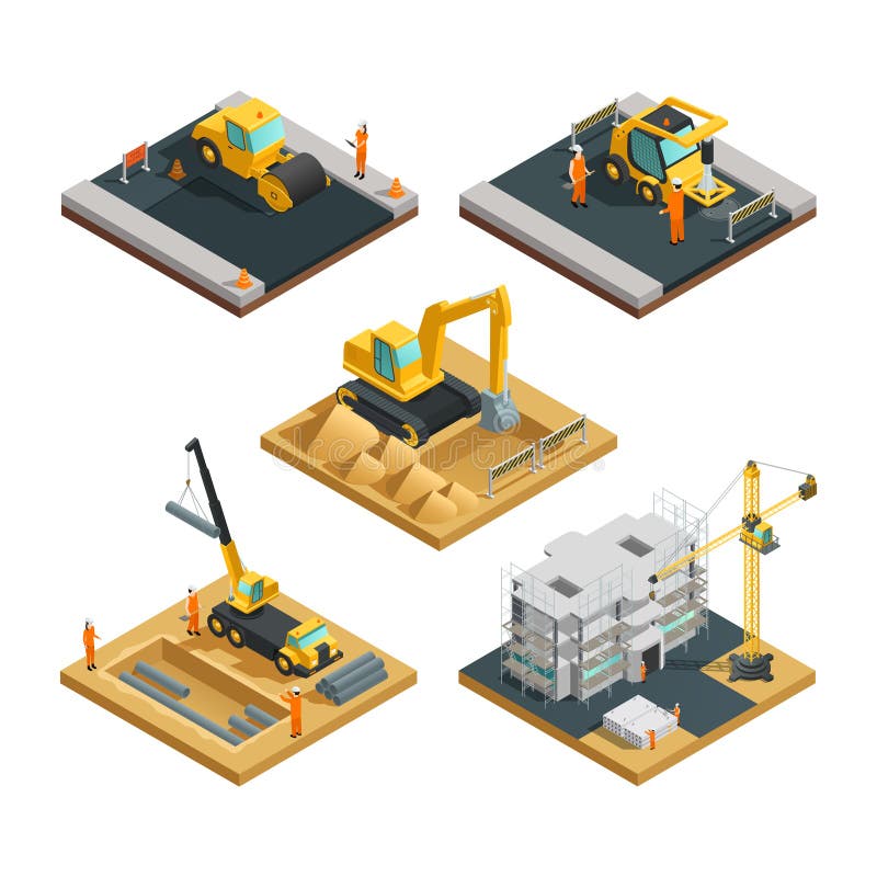 Isometric Building Construction Process Concept Stock Vector ...