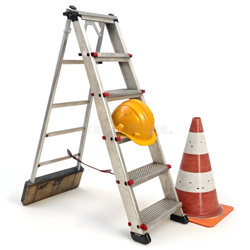 Construction Ladder with Safety Helmet and Traffic Cone Icon 3D Render ...