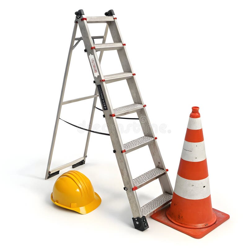 Construction Ladder with Safety Helmet and Traffic Cone Icon 3D Render ...