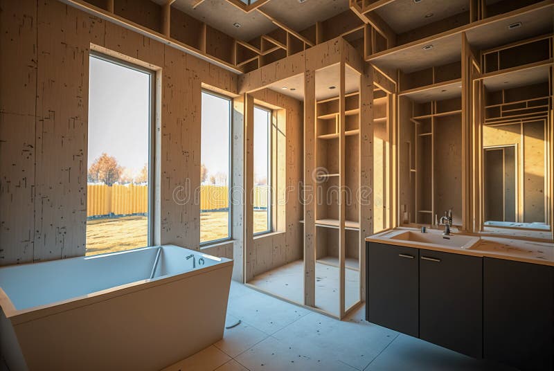 Construction of a Large Home: Main Bathroom Being Built, Generative AI ...