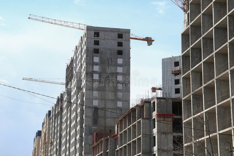 Construction of Large Residential Complex. Construction Cranes and High ...