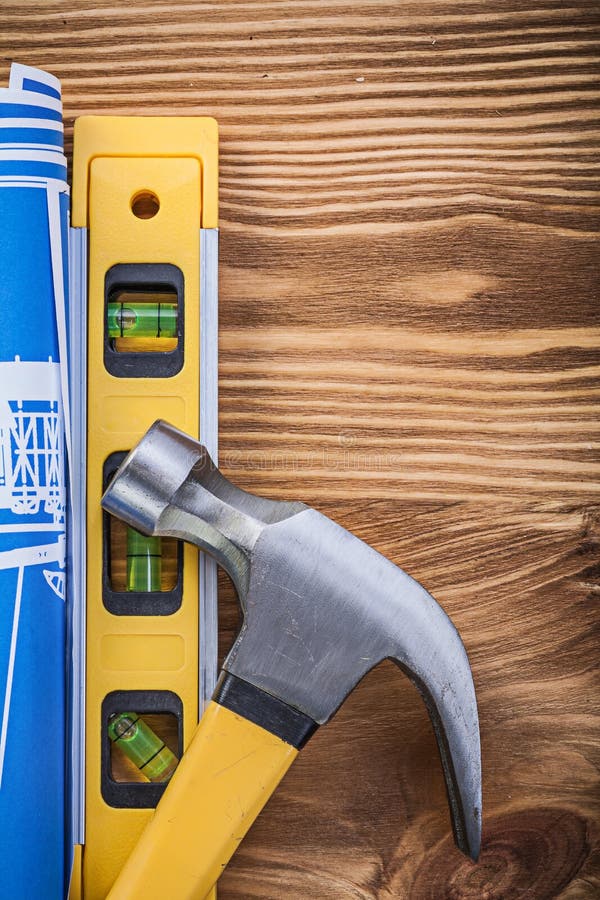 Construction Level Blue Blueprint Claw Hammer on Vintage Wood Bo Stock ...