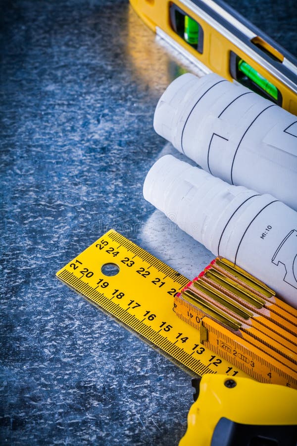 Construction Level Blueprints and Instruments of Stock Photo - Image of ...