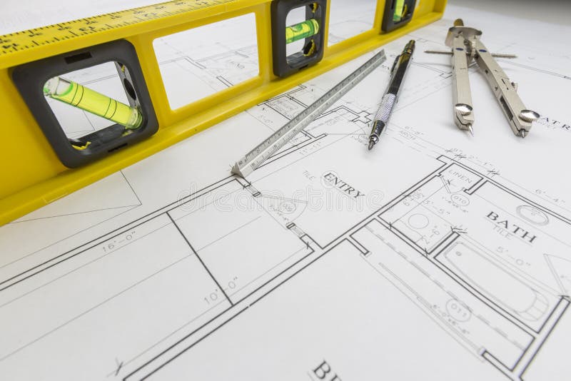 Construction Level, Pencil, Ruler and Compass Resting on House P Stock ...