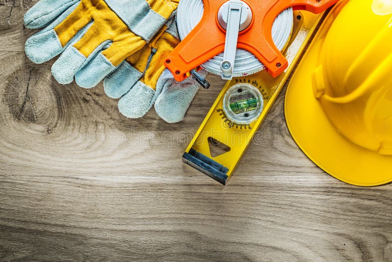 Construction Level Protective Gloves Measuring Tape Hard Hat on Stock ...