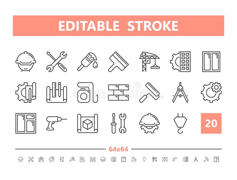 Construction 20 Line Icons. Vector Illustration in Line Style. Editable ...
