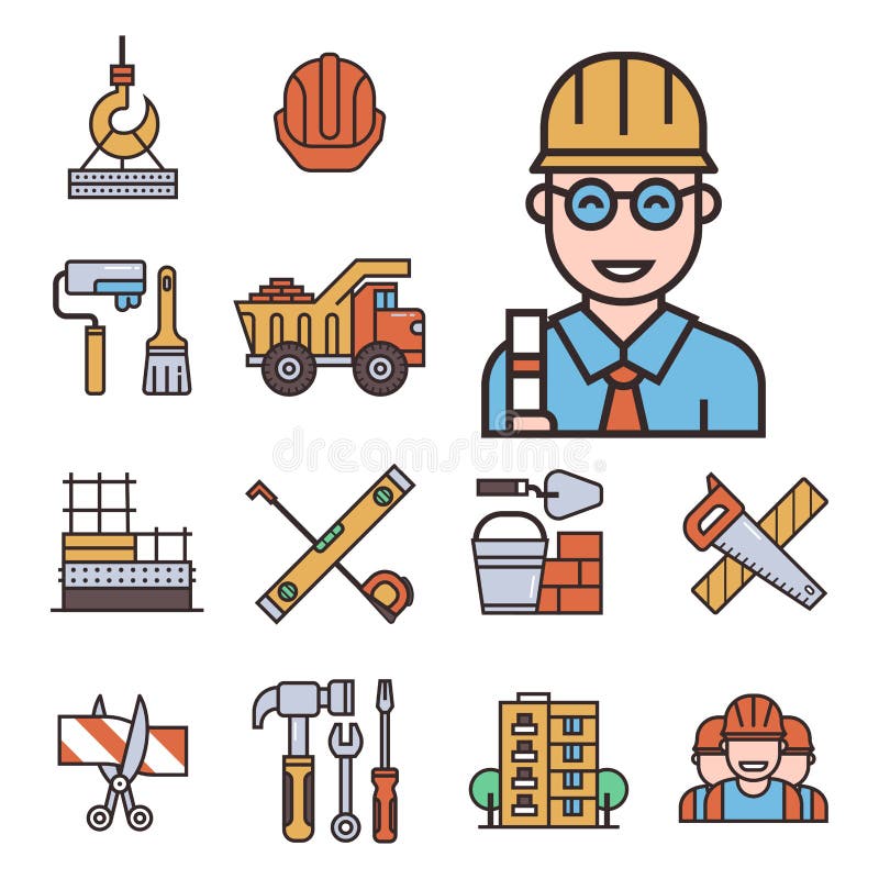 Construction Linear Icons Universal Building Elements and Worker ...