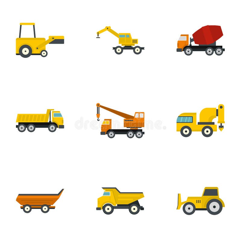 Construction Machine Icon Set, Flat Style Stock Vector - Illustration ...