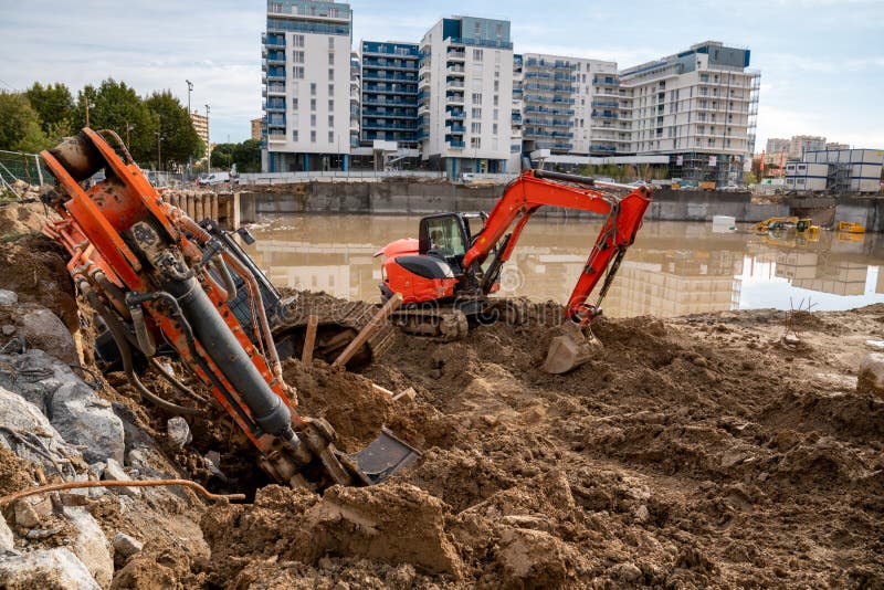 Construction Machinery Flooded Due To Heavy Rain Stock Photo - Image of ...