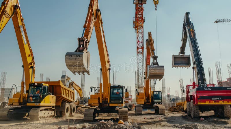 Construction Machinery Lineup Including Excavators, Cranes Stock ...