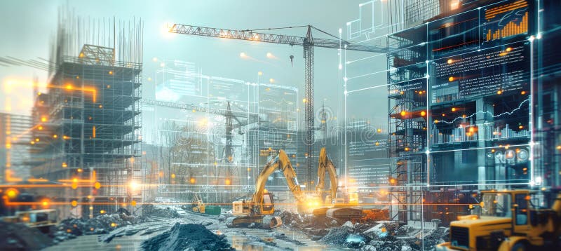 Construction Machinery Operates at a Futuristic Site, Overlaid with ...