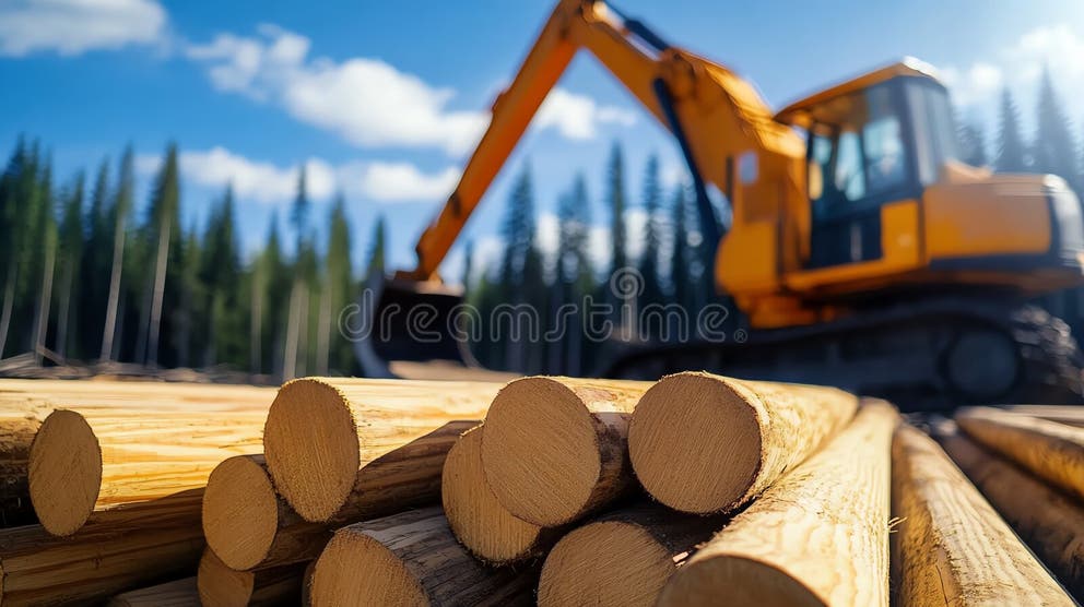 Construction Machinery Working on Timber Logs in a Forest Environment ...