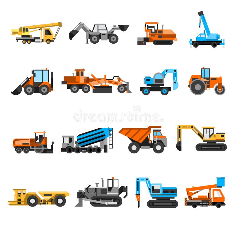 Construction Machines Black White Icons Set Stock Vector - Illustration ...
