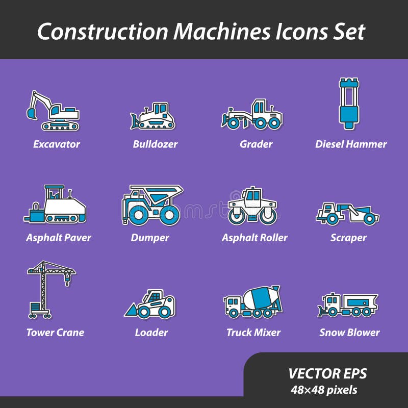 Construction Machines Set of Flat Icons Stock Vector - Illustration of ...
