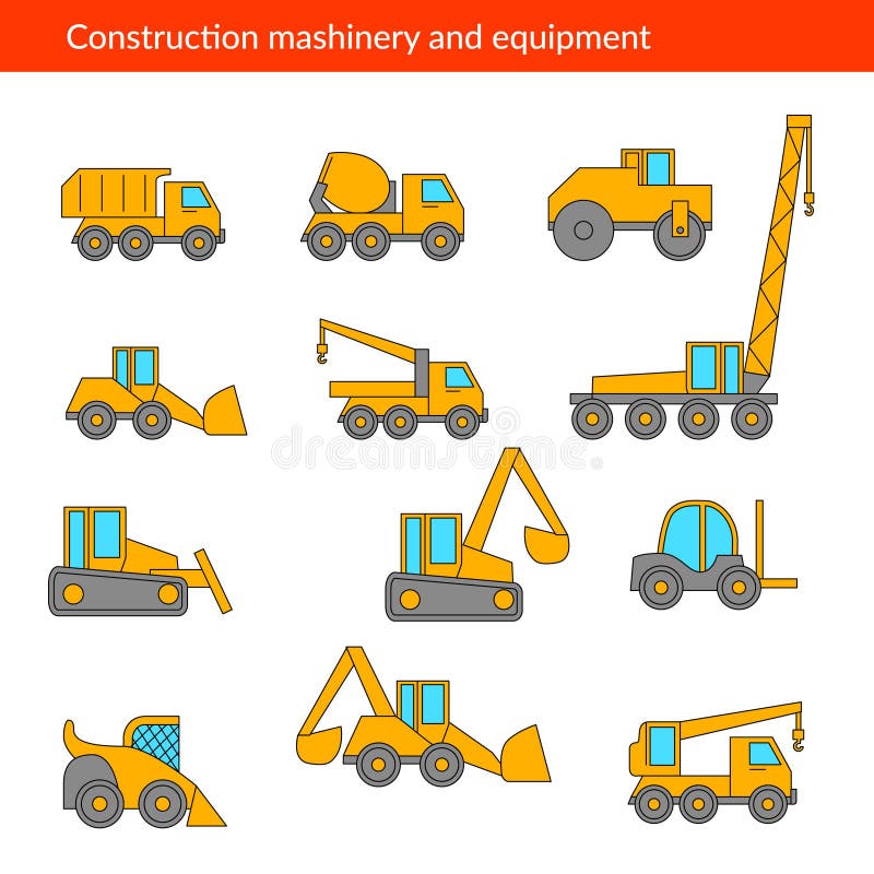 Construction Machines Thin Icons. Vector Line of Building Machinery ...