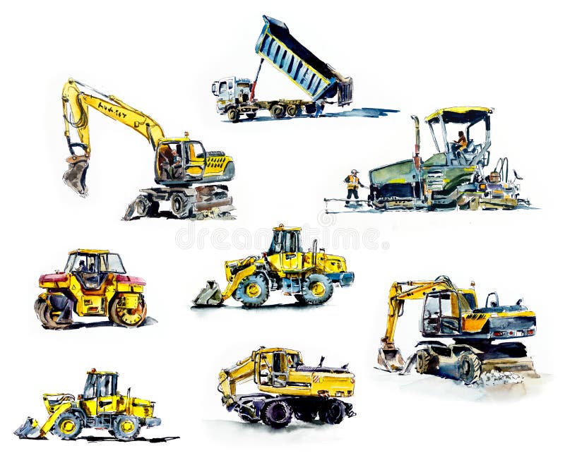 Construction Machines. Watercolor Hand Drawn Illustration Stock ...