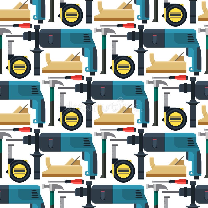 Construction Man and Building Tools Carpenter Industry Worker Equipment Seamless Pattern ...