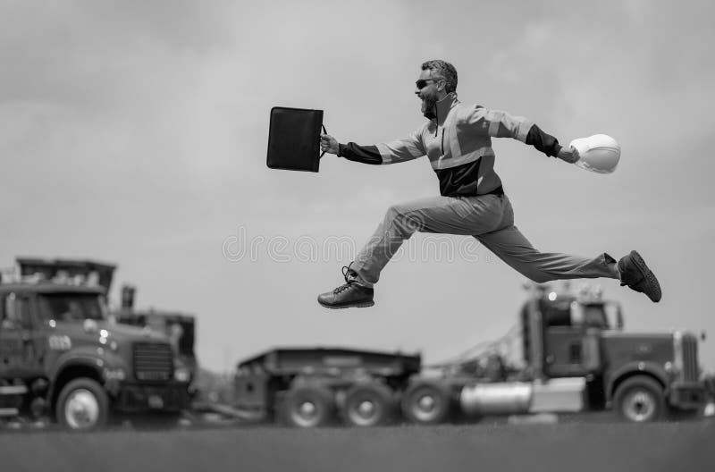 Construction Man Excited Jump with Helmet. Builder in Helmet Run ...