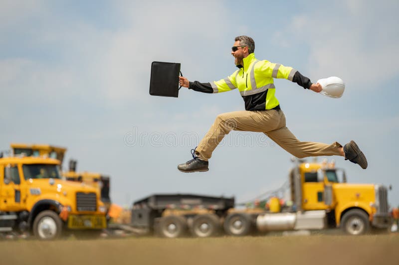 Construction Man Excited Jump with Helmet. Builder in Helmet Run ...