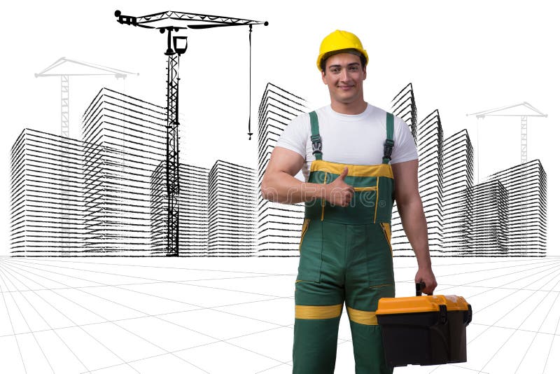 The Construction Man with Hand Drawn Buildings Stock Photo - Image of ...
