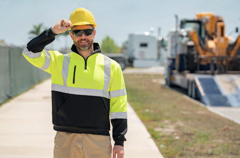 Construction Man Industry with Excavator at Industrial Site. Worker in ...