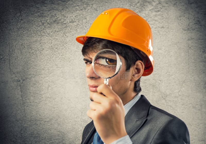 Construction Man with Magnifier Stock Image - Image of builder ...