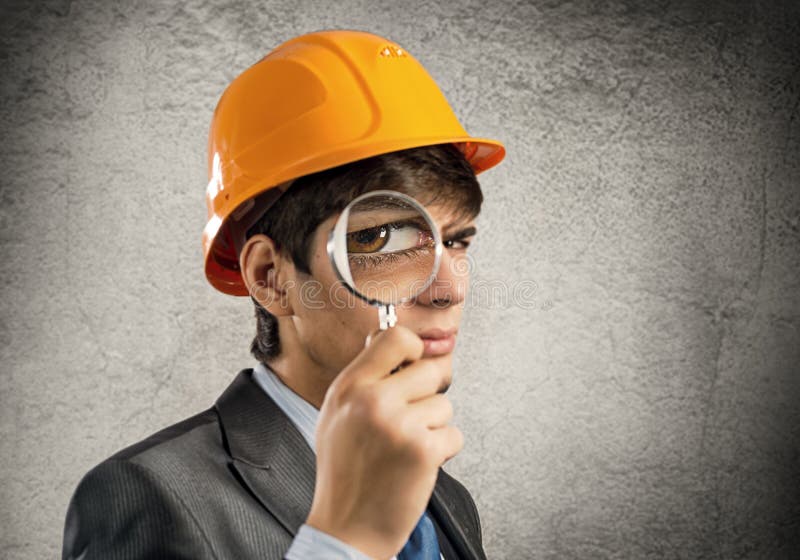 Construction Man with Magnifier Stock Photo - Image of inspection ...