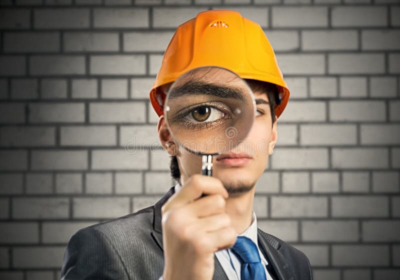 Construction Man with Magnifier Stock Image - Image of handsome ...