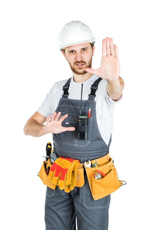 A Construction Man Shows a Stop Sign. Isolated on White Background ...
