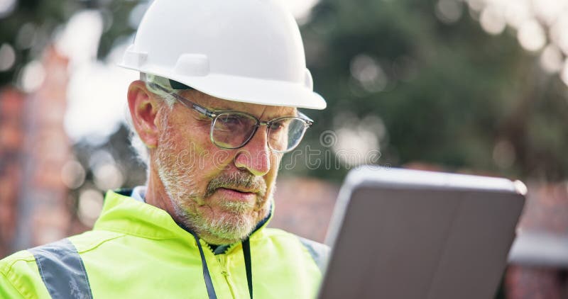 Construction, Man and Tablet with Report on Site for Building ...