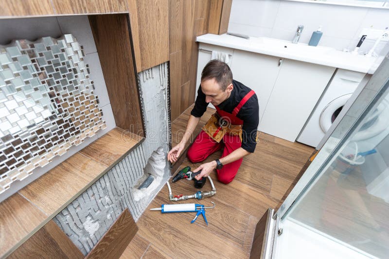 Construction Man Using Hammer and Tool while Demolish Wall Stock Photo ...