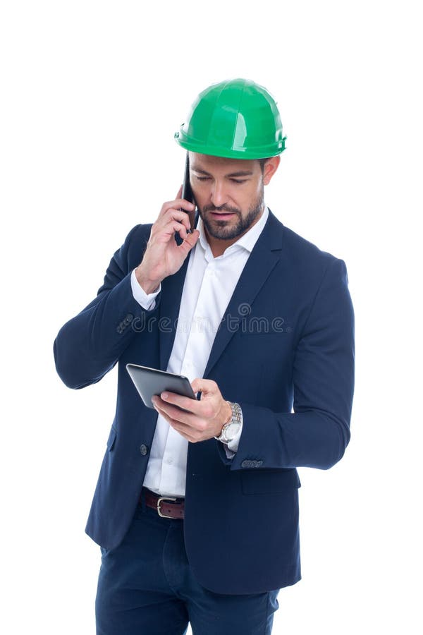 Construction Manager Calling and Using Tablet Isolated Stock Photo ...