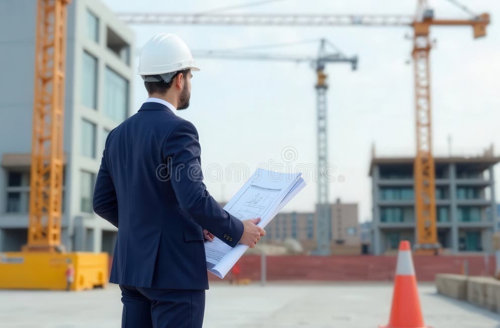 Construction Manager Evaluates Blueprints while Overseeing Site ...