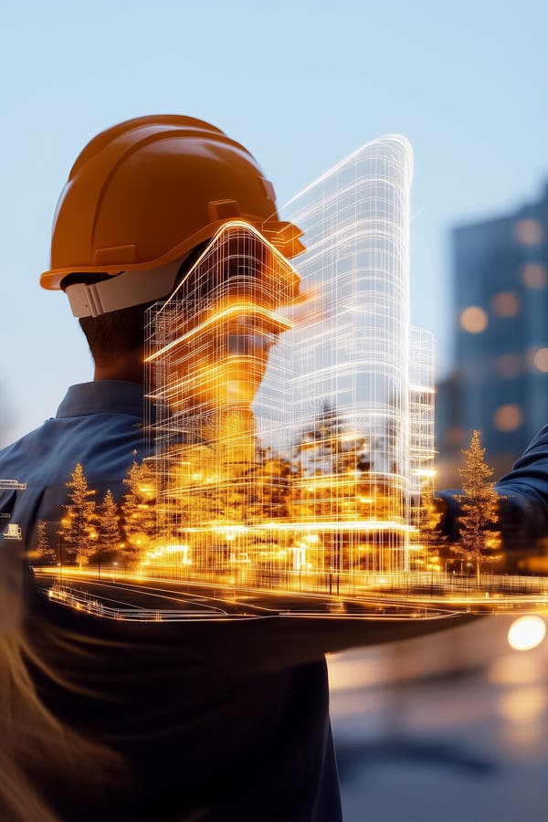 Construction Manager Looking at Digital Overlay of Modern Building ...