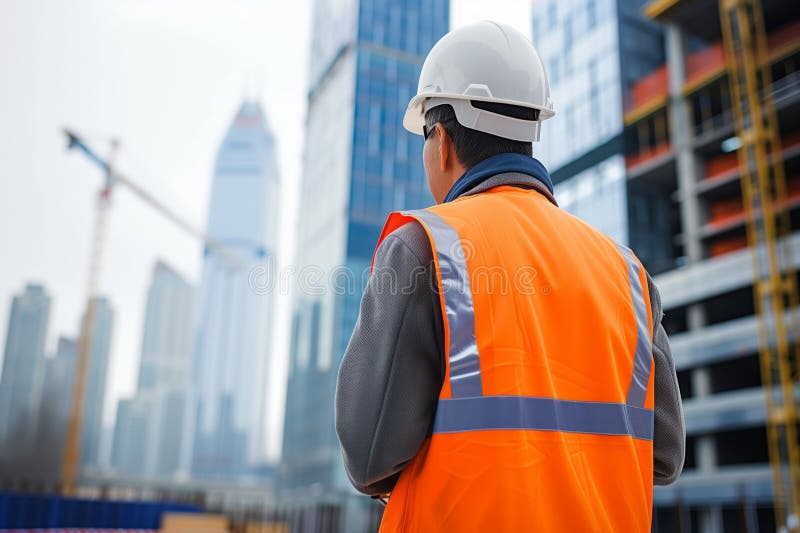 Construction Manager Overlooking Project with Skyscraper in Background ...