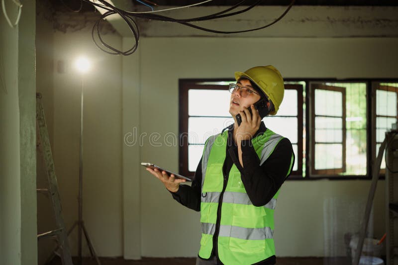Construction Manager on Phone Call while Inspecting Ceiling Wiring ...