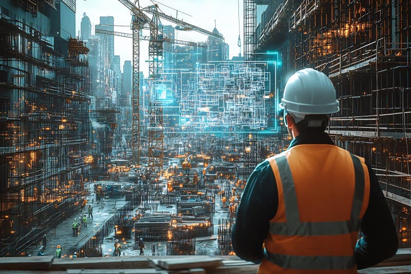 Construction Manager Reviewing Digital Schematics at Bustling Urban ...