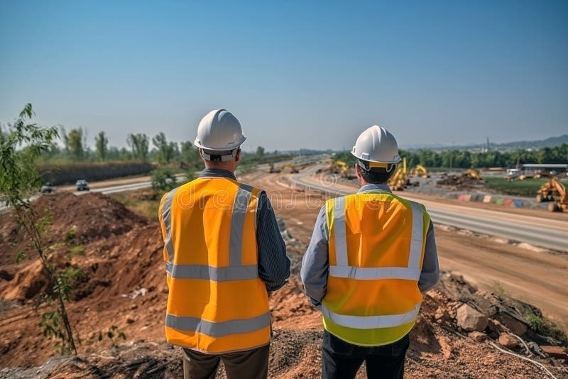 Construction Managers Overseeing Road Development Project in Clear Blue ...