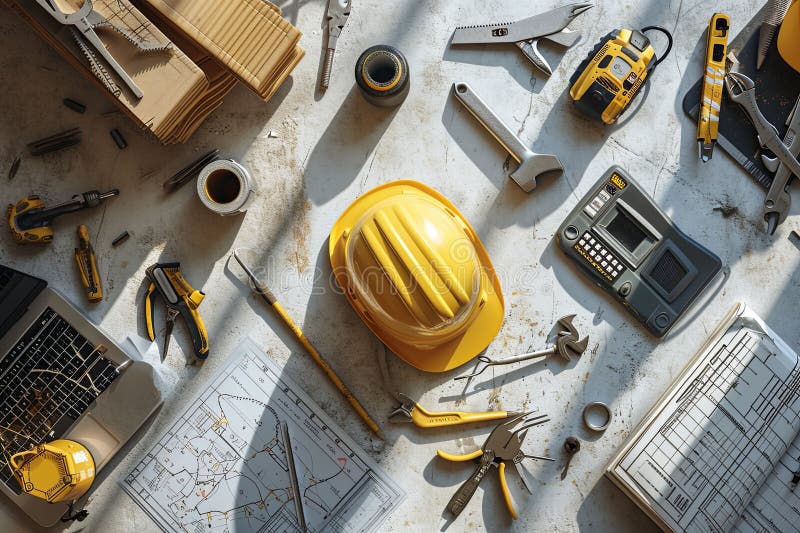 Construction Manufacturing Tools with Yellow Safety Helmet and Labor ...