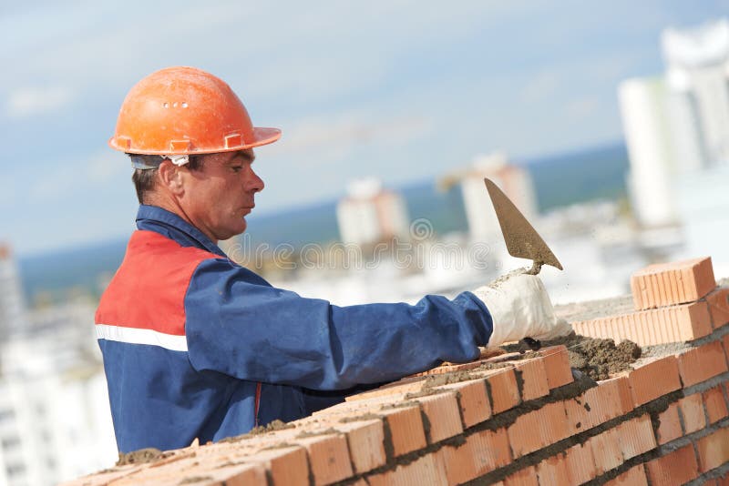 Mason Worker Bricklayer with Hand Saw Stock Photo - Image of protective ...