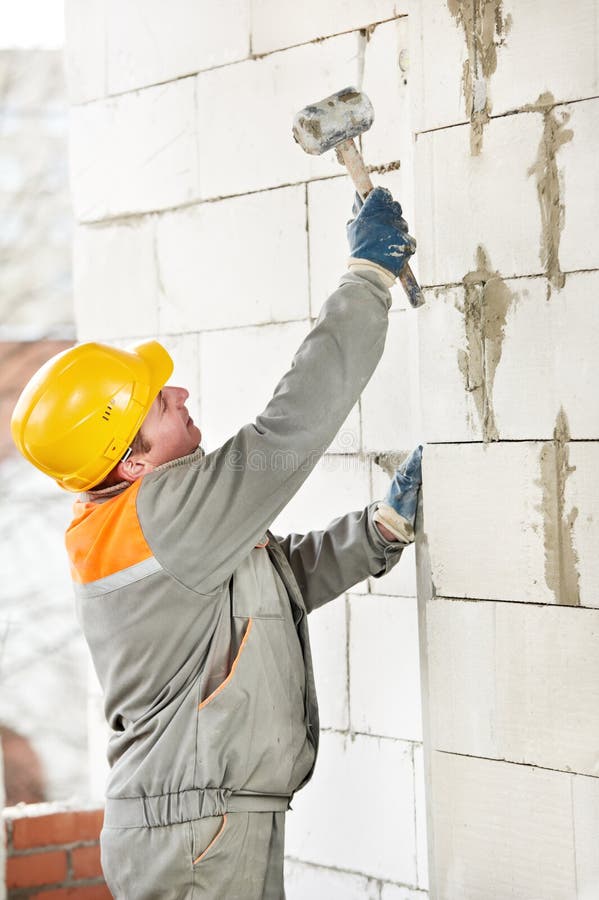 Mason Worker Bricklayer with Hand Saw Stock Photo - Image of protective ...