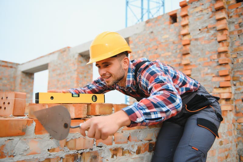Construction Mason Worker Bricklayer Installing Red Brick with Trowel ...