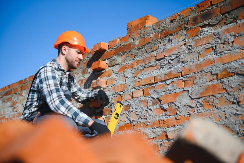 Construction Mason Worker Bricklayer Installing Red Brick with Trowel ...