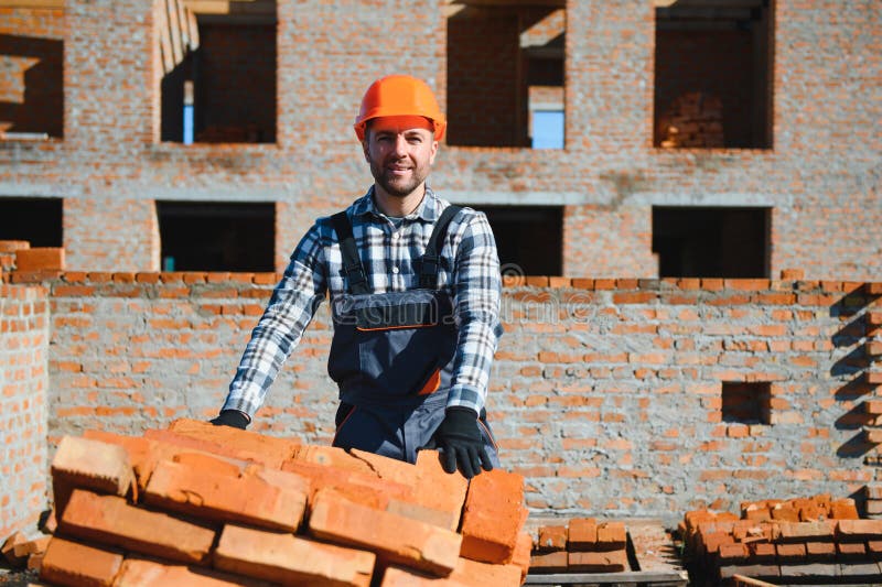 Construction Mason Worker Bricklayer Installing Red Brick with Trowel ...