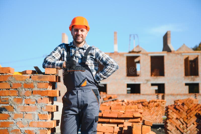 Construction Mason Worker Bricklayer Installing Red Brick with Trowel ...
