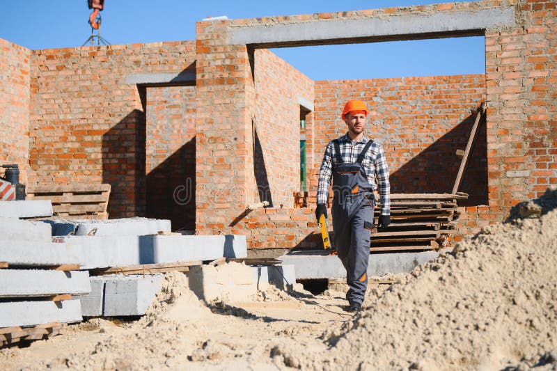 Construction Mason Worker Bricklayer Installing Red Brick with Trowel ...