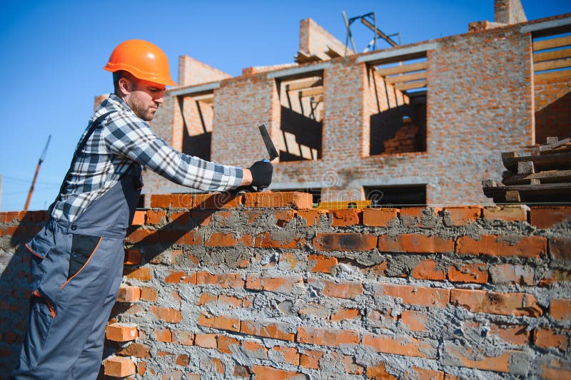 Construction Mason Worker Bricklayer Installing Red Brick with Trowel ...