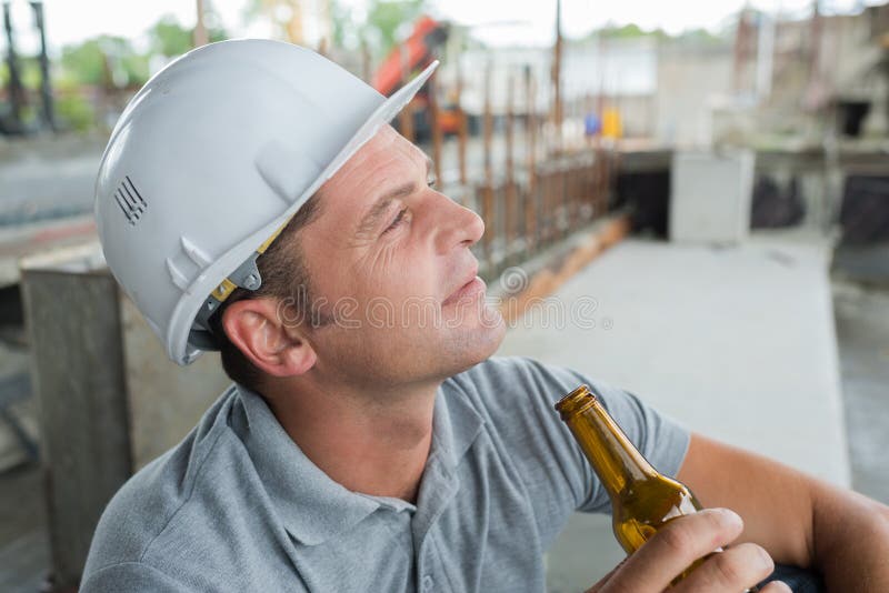 Construction Mason Worker Drinking Beer during Work Break Stock Photo ...