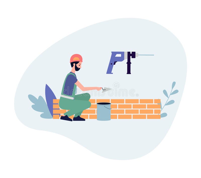 Construction Worker Bricklayer Making a Brickwork with Trowel and ...