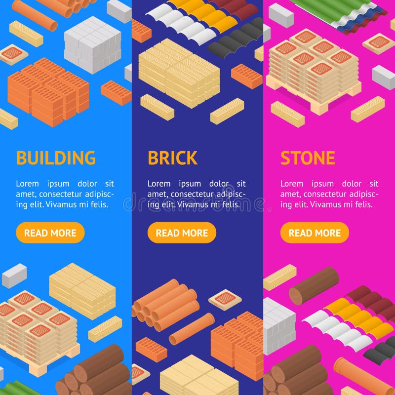 Construction Material Banner Horizontal Set Isometric View. Vector ...